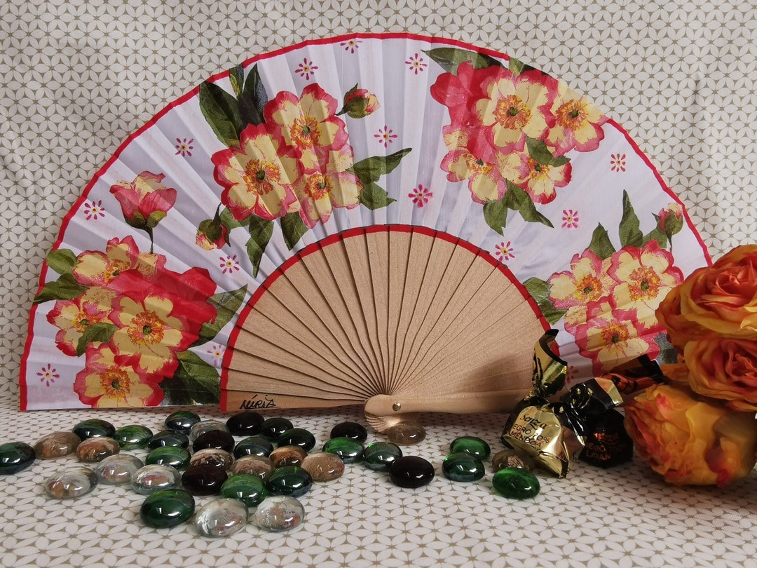 White Hand Fan With Yellow and Red Flowers, Fan Painted With Decoupage ...