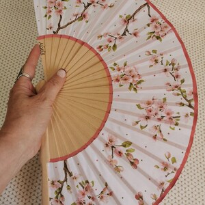 White Hand Fan With Little Pink Flowers, Fan With Decoupage, Fan Wooden ...