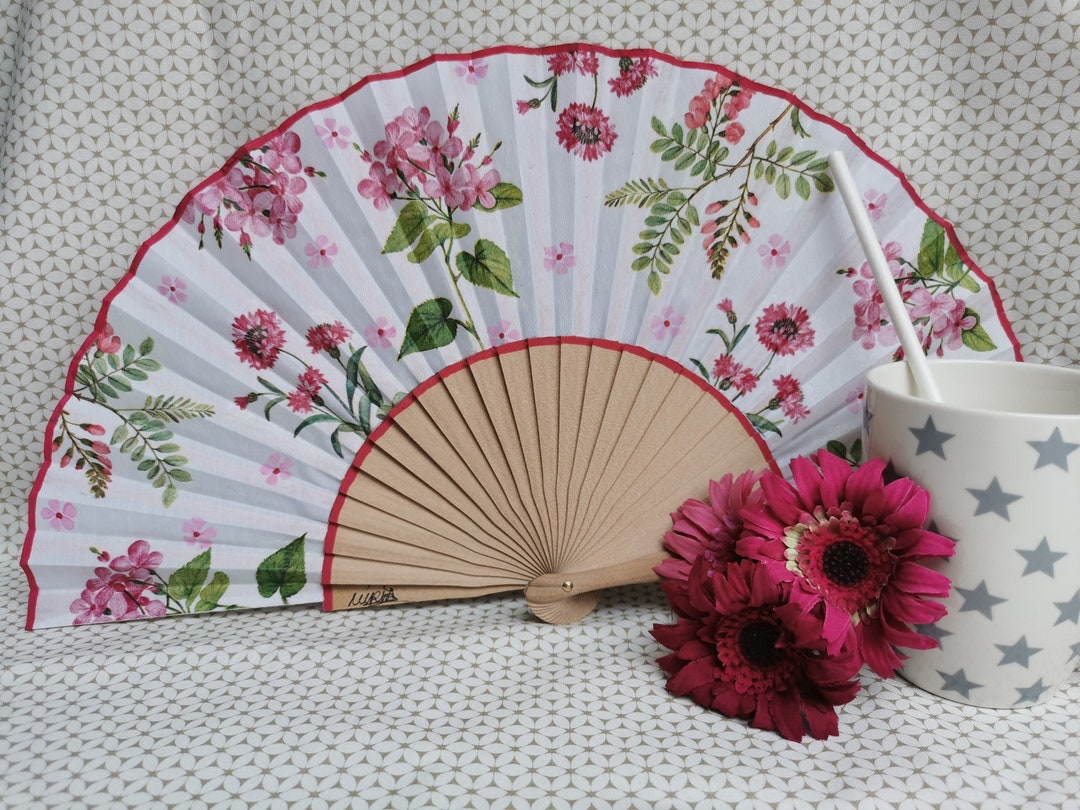 Wooden Hand Fan Folding Customizable, White Hand Fan With Pink Flowers ...