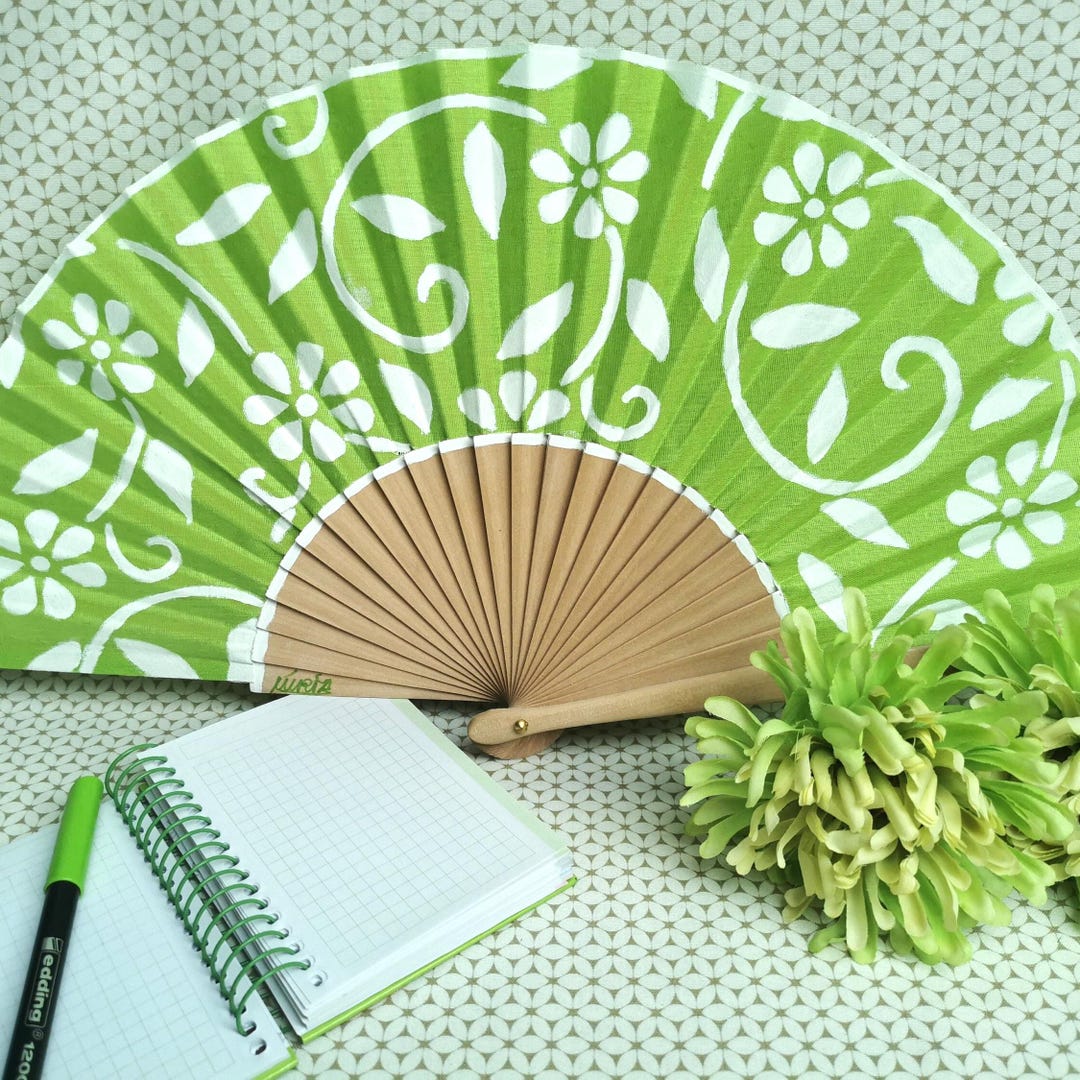 Green Hand Fan Wooden Folding Customizable, Painted Fan With White ...