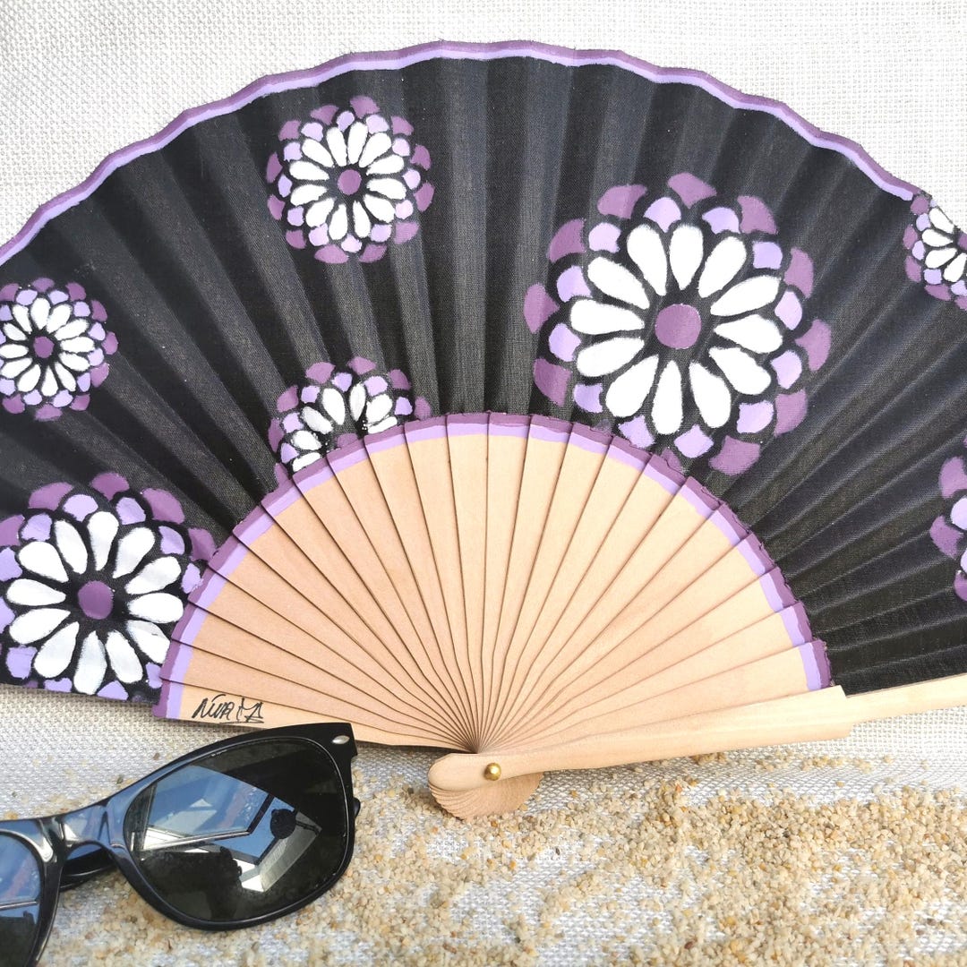 Black and Purple Hand Fan Wooden Folding Customizable, Fan With Painted ...