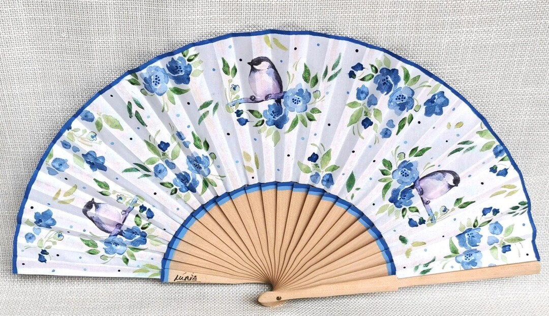White Hand Fan With Blue Birds, Fan With Decoupage, Hand Fan Wooden ...
