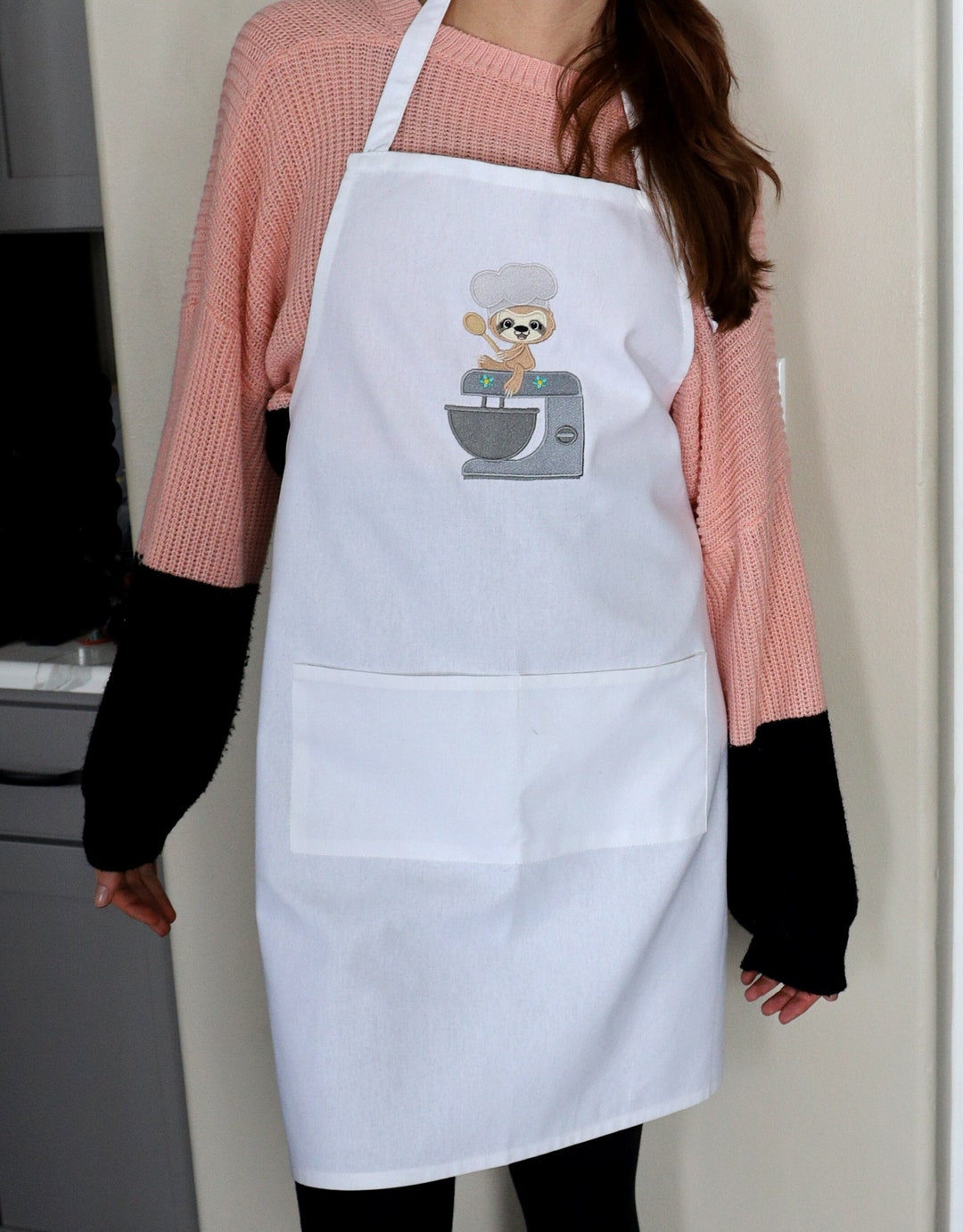 White Apron With Embroidered Sloth Apron With Gray - Etsy