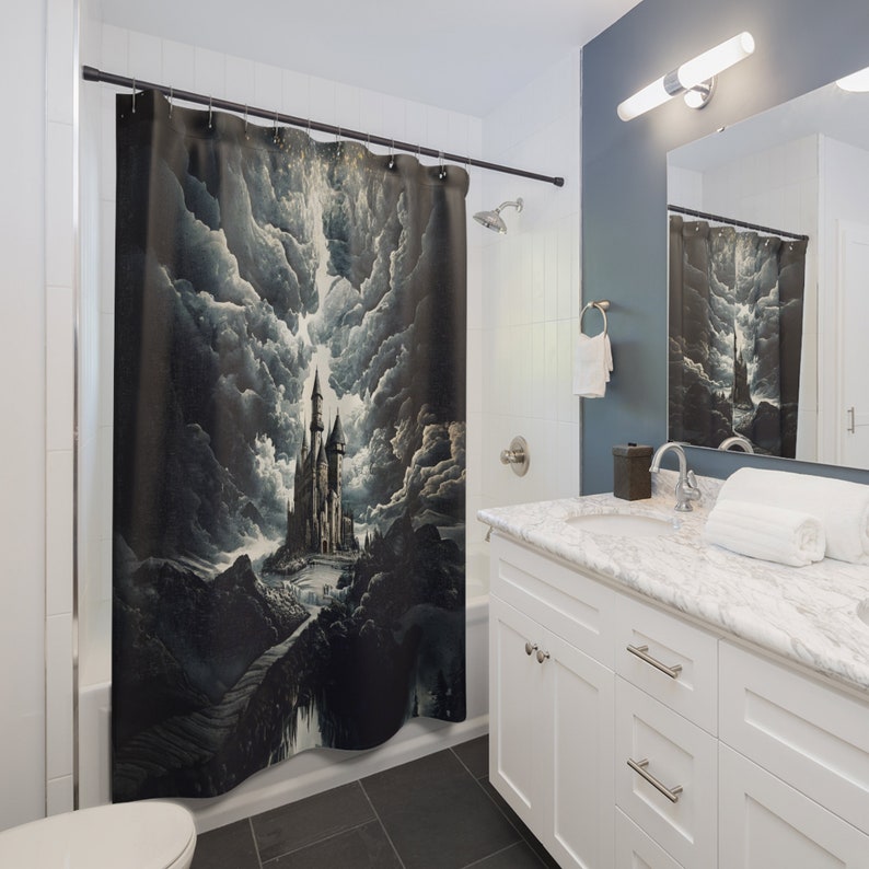 Epic Fantasy Castle Shower Curtain, Dramatic Medieval Wizard Fortress ...
