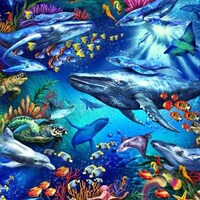 Tiny Sealife Fabric - Ocean Marine Life Doodle With Shark on Blue Small ...