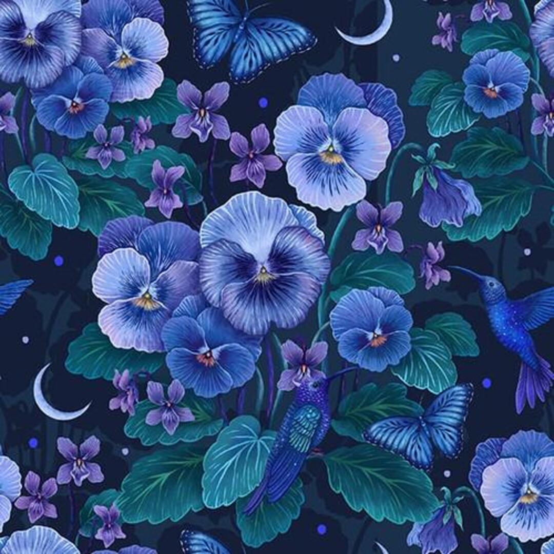 Floral Pansy Fabric / 100% Quilting Cotton / Pansy With Hummingbird ...