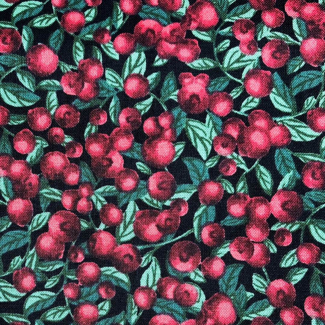 Cranberries Cotton Fabric, Black Background, Berries Print, by Fabric ...