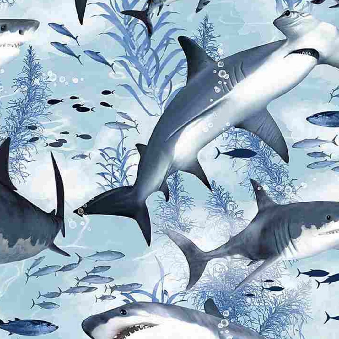 Shark Fabric / 100% Quilting Cotton / Ocean Fabric / Blue Fabric / Sea ...