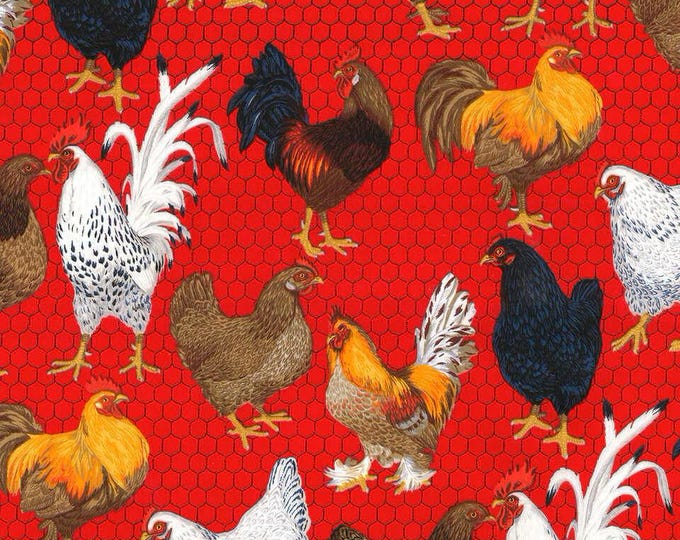 Chickens Fabric / 100% Quilting Cotton Fabric / Chickens on Red 3029 R ...