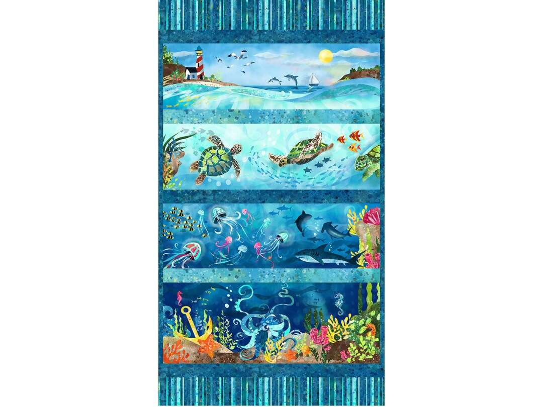 Ocean Fabric Panel / 100% Quilter Cotton Fabric / Aqua Blue Fabric ...