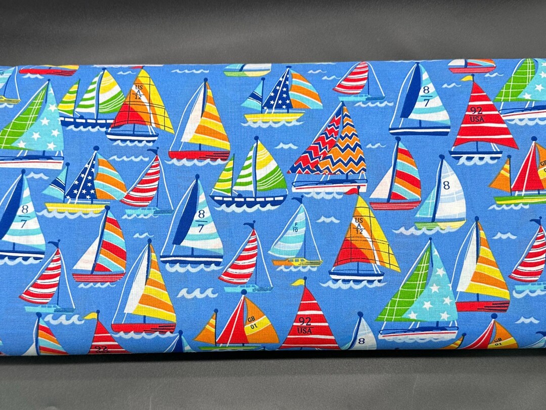Nautical Fabric / 100% Cotton Fabric / Blue Fabric / Sailboat Fabric ...