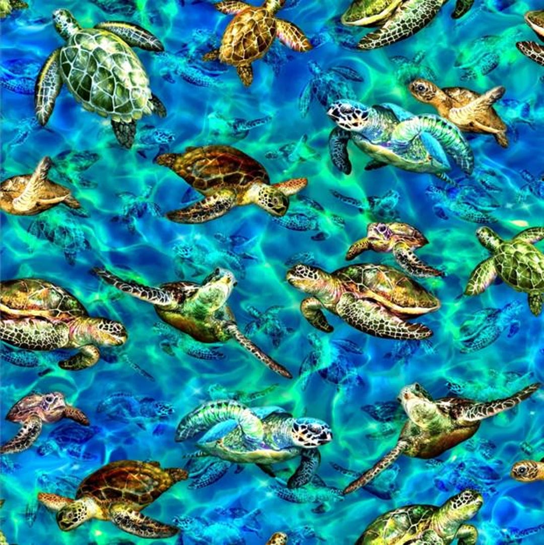 Sea Turtles Cotton Fabric: Aqua Blue Ocean Print, Quilter's Material OA ...