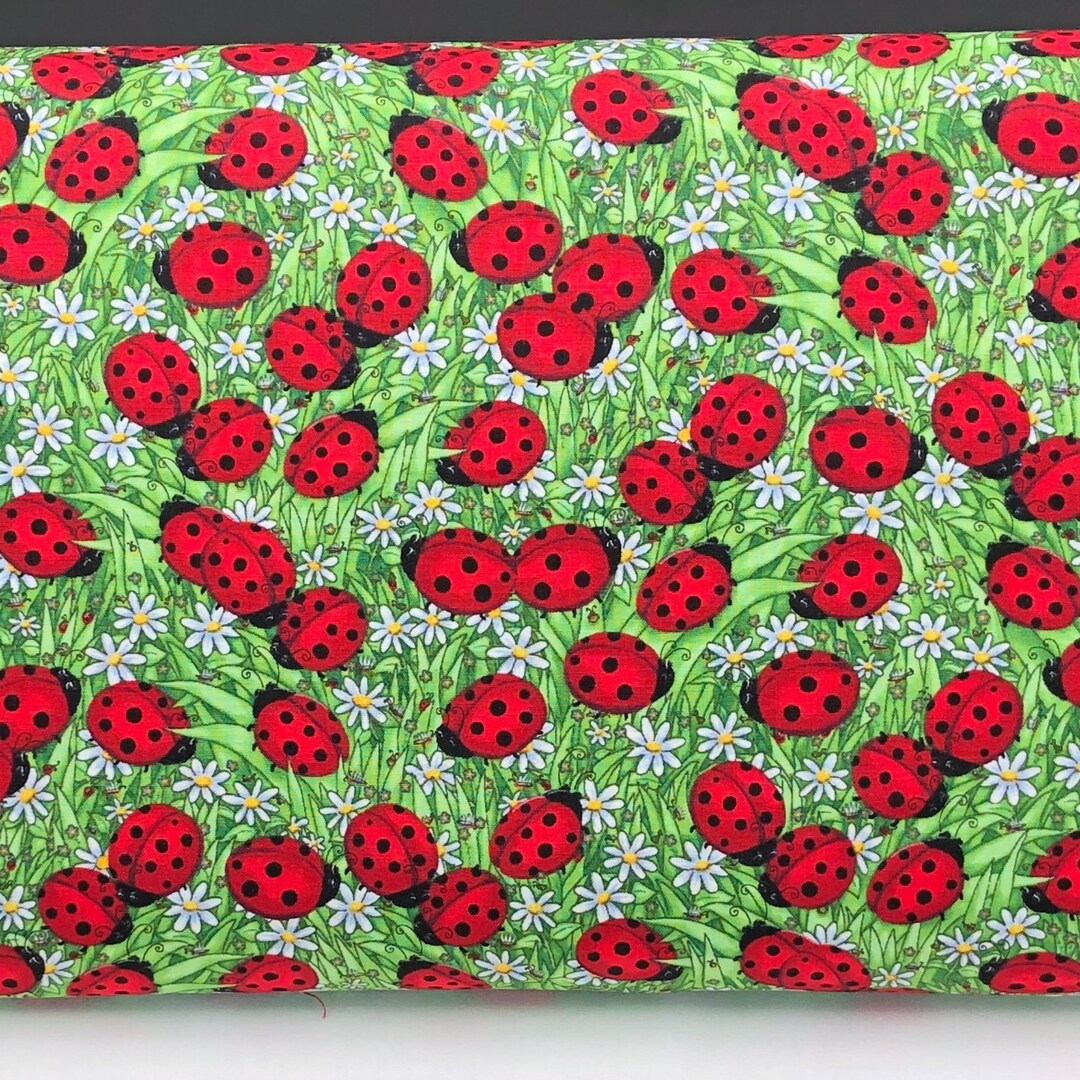 Ladybug Fabric / 100% Quilting Cotton Fabric / 1" Ladybugs on Leaves ...