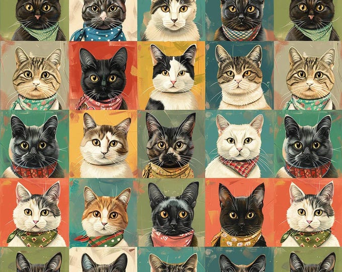 Cat Quilter's Cotton Fabric, Bandana Cats Grid Print, DX-7066-5C, by ...