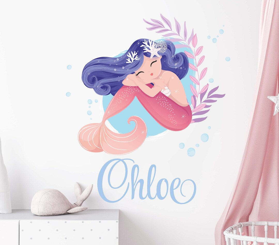 Personalized Adorable Mermaid Name Wall Decal - Mermaid Name Vinyl Wall ...