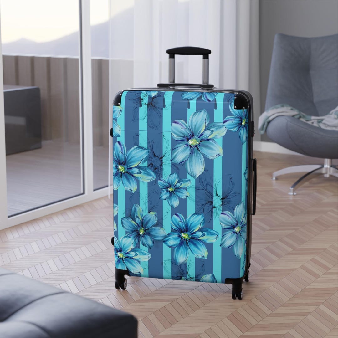 Blue Floral Stripes - Luggage With Wheels, Hard Shell Suitcase, 4x ...