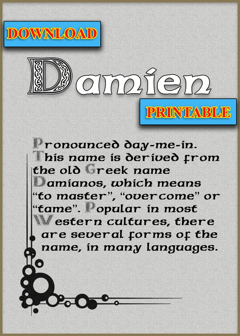 Damien Story of the namename explained history name | Etsy