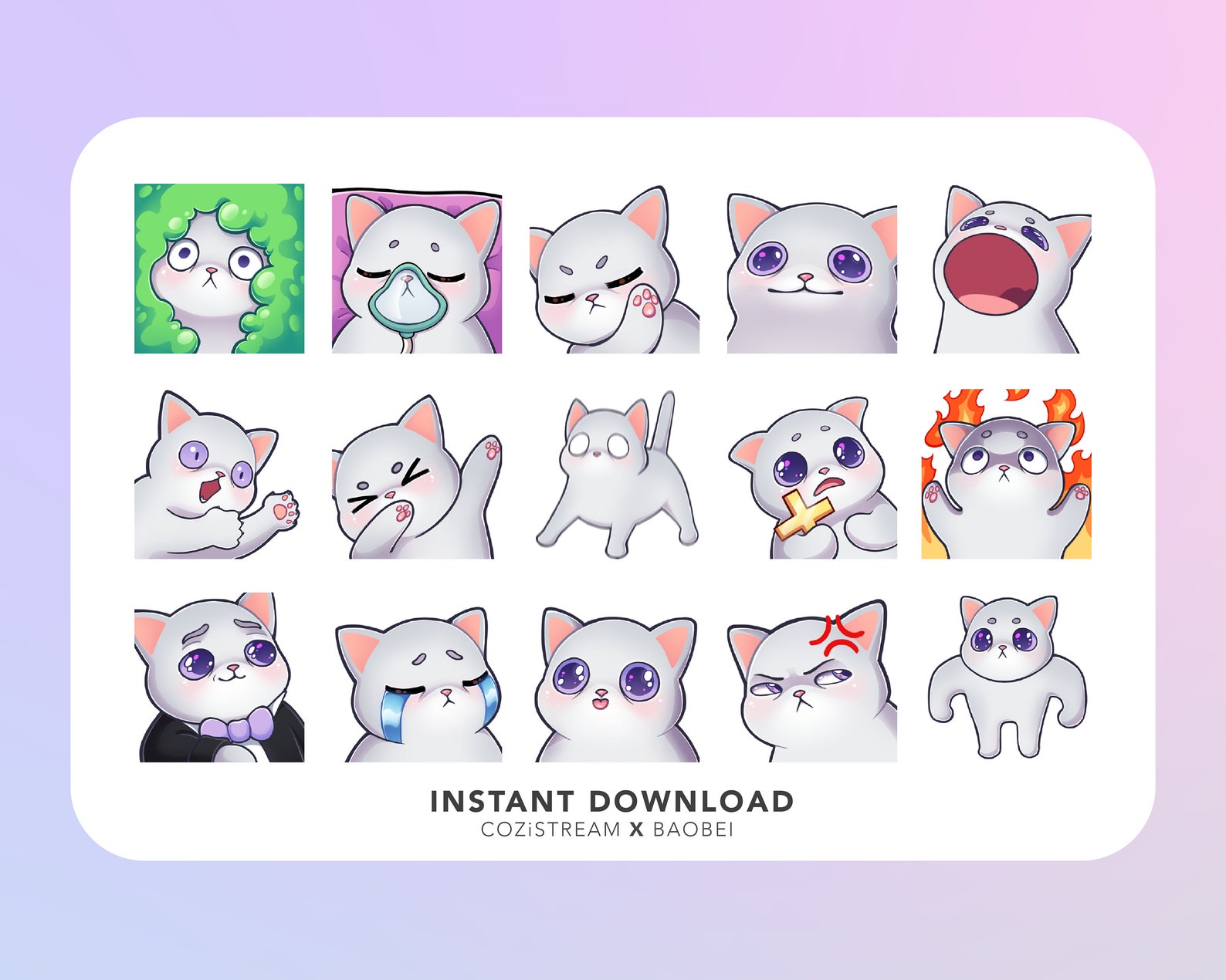 Cute Emote Pack CAT MEMES Ivan : White Fur . Purple Eyes Kawaii . Emoji ...