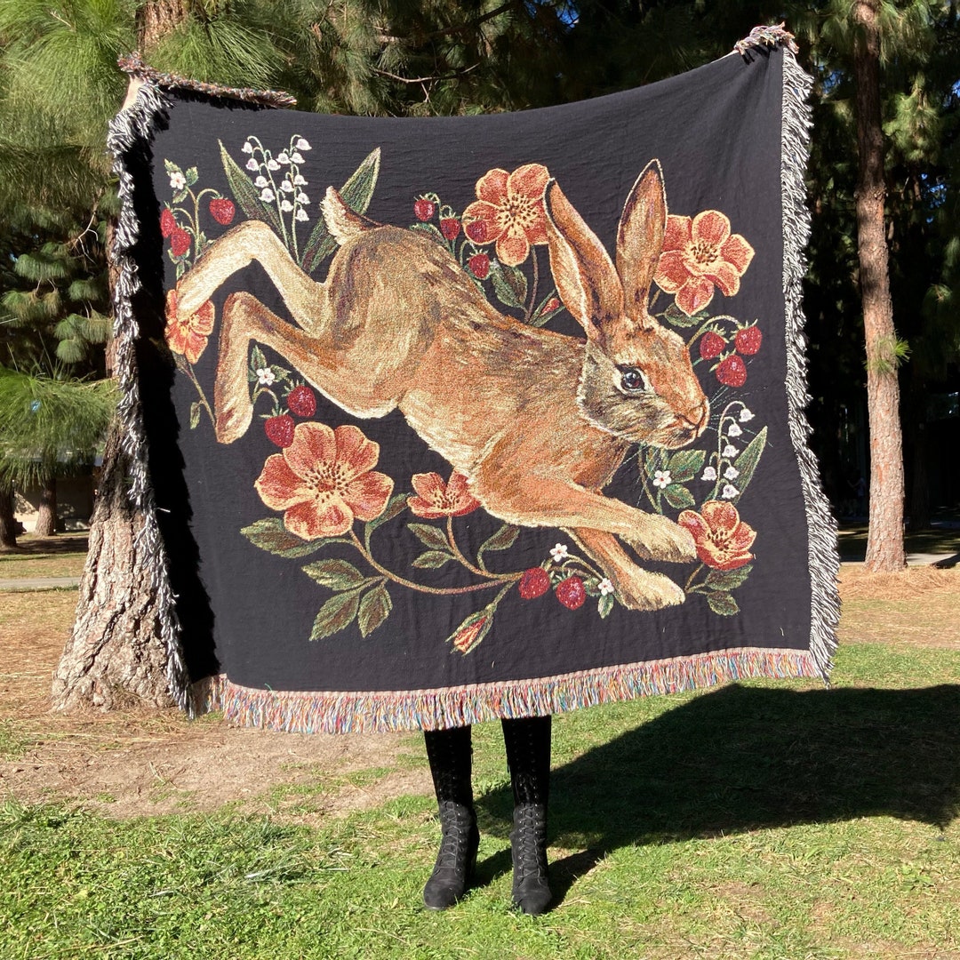 Rabbit Strawberry Blanket, Rabbit Tapestry, Woven Throw, Strawberry ...