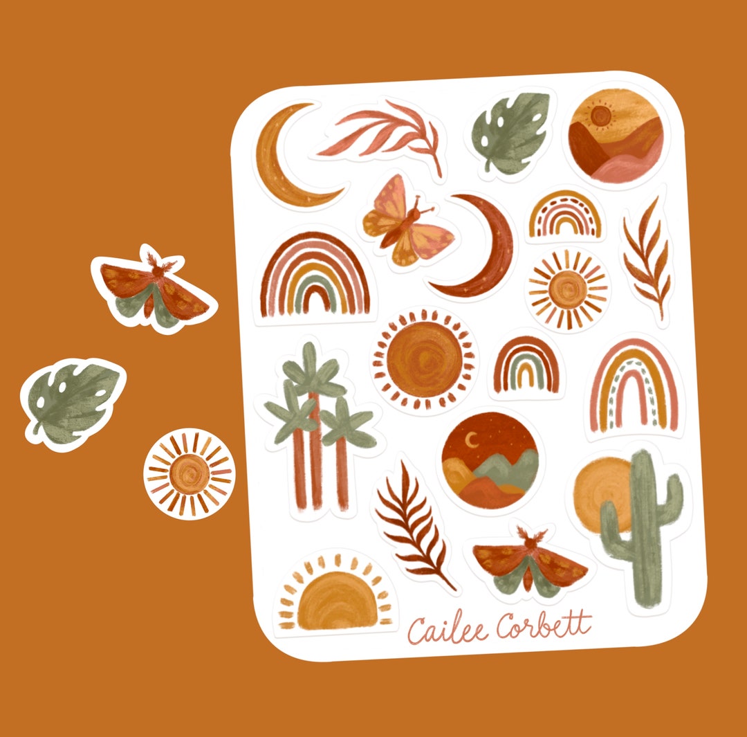 Boho Summer Sticker Sheet Png, Printable Modern Boho Stickers, Sun and ...