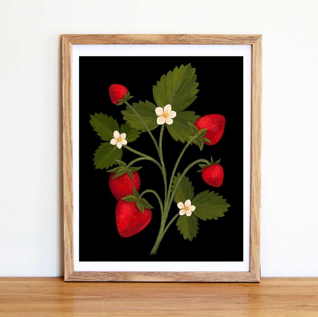 Strawberry Wall Art, Vintage Floral Strawberry Art Print, Cottagecore ...
