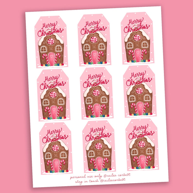 Printable Gingerbread House Tags, Pink Gingerbread House Christmas Tags ...