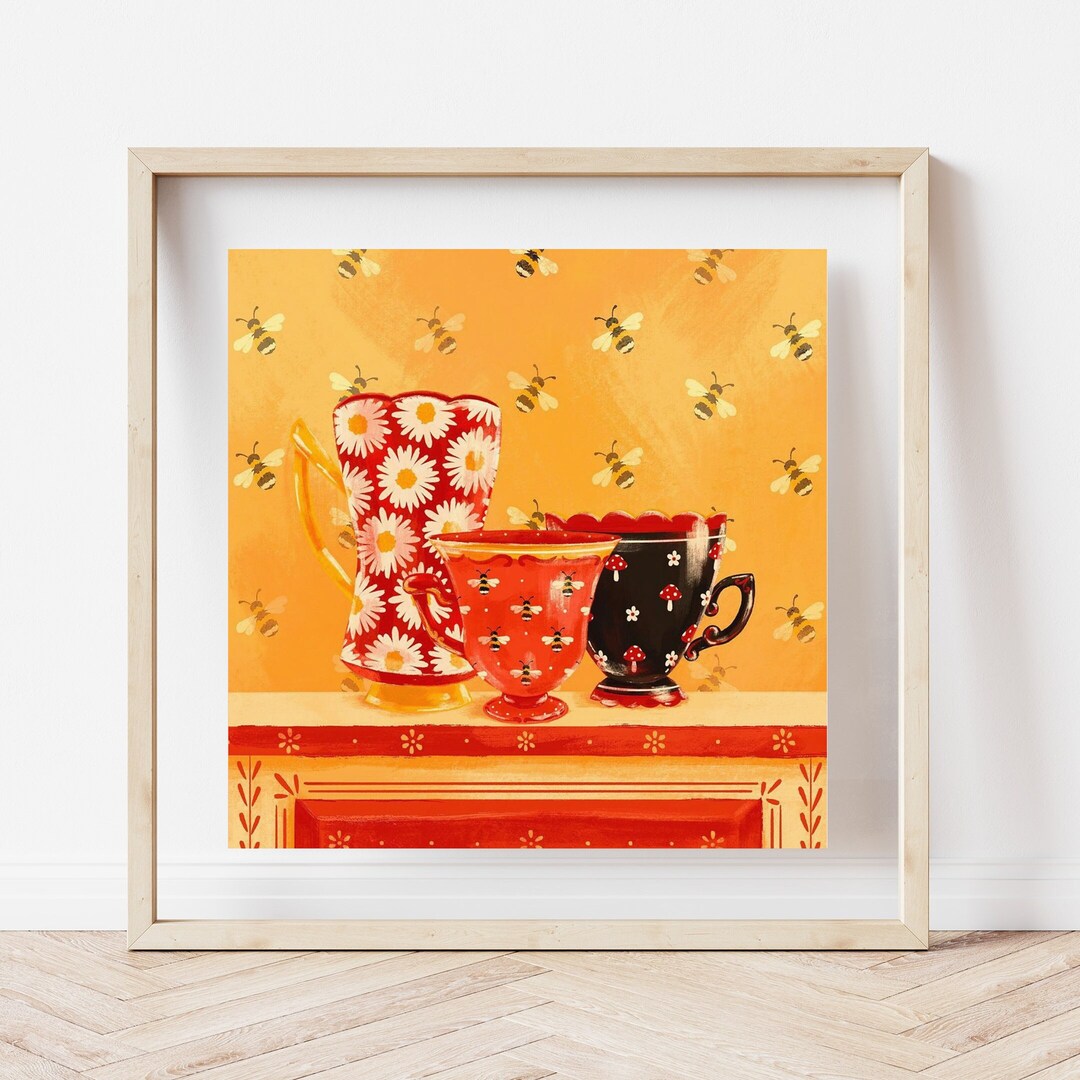 Colorful Painted Teacup Kitchen Art Print, Bee Wallpaper Bright Kitchen ...