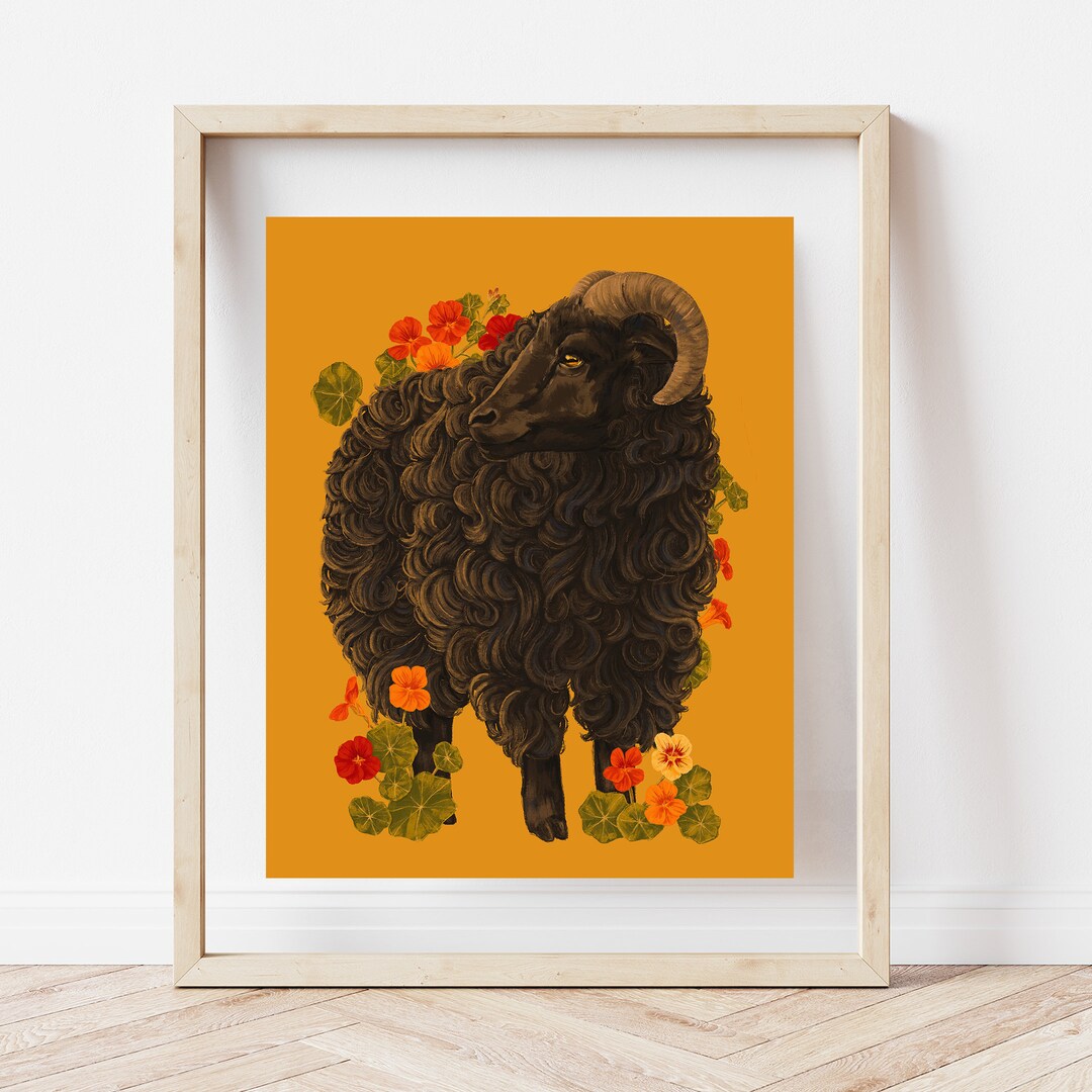 Black Sheep Art Print, Painted Sheep and Nasturtium, Nasturtium Flower ...