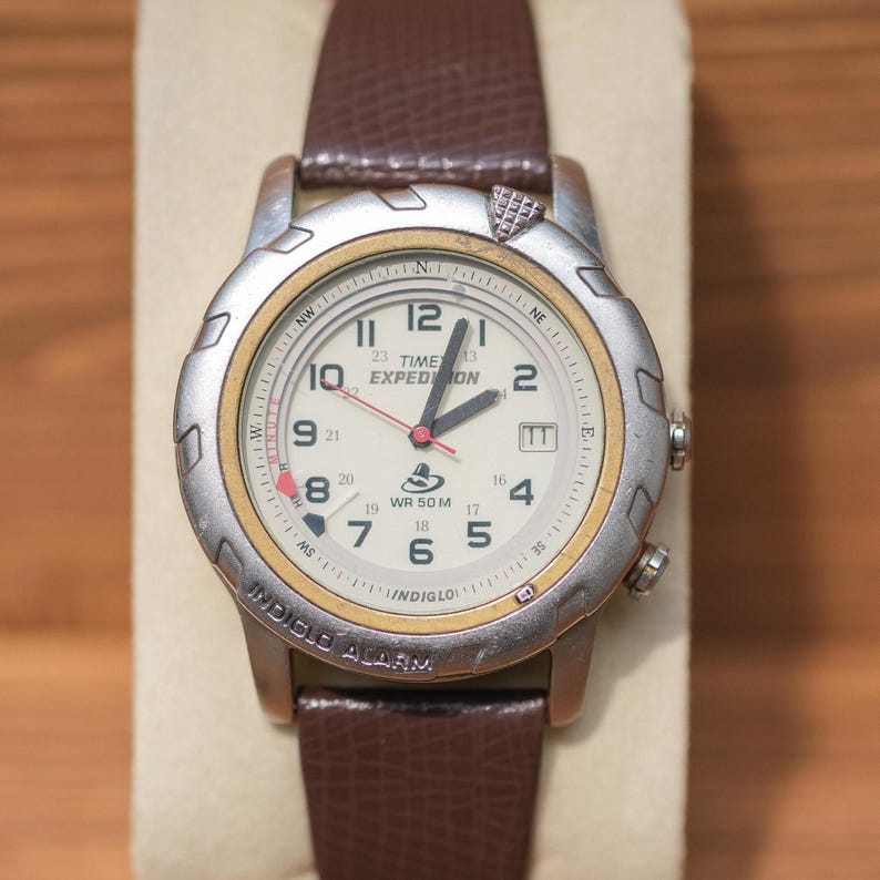 Vintage Timex Expedition Indiglo Quartz Watch: Brown Leather Strap ...