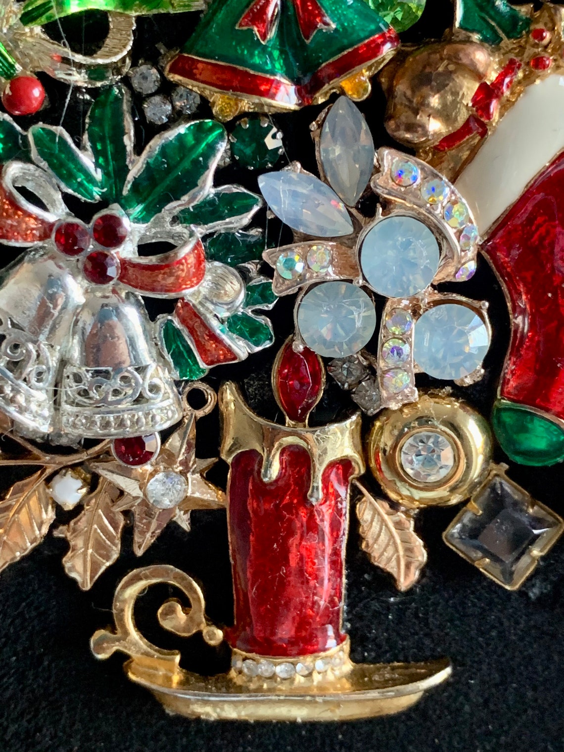 Small Vintage Jewelry Collage Art, Rhinestone and Other Christmas Theme ...