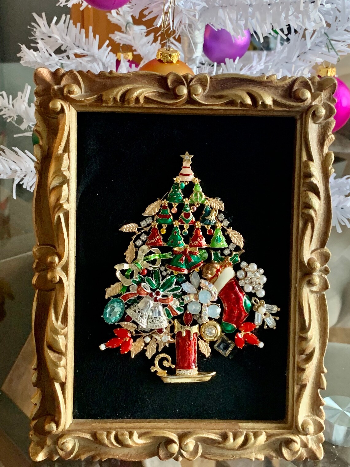Small Vintage Jewelry Collage Art, Rhinestone and Other Christmas Theme ...