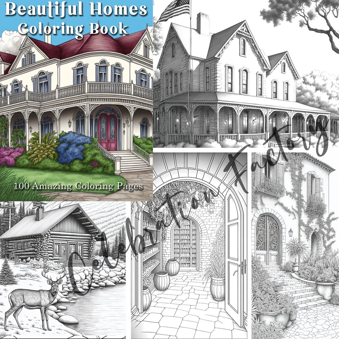 100 Beautiful Homes and Home Interiors - Adult Coloring Pages - Etsy