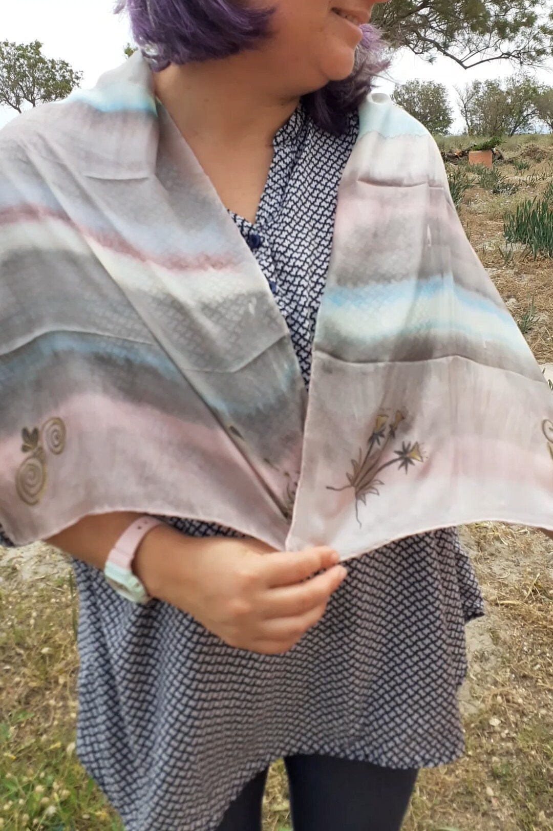Greek Scarf, Natural Silk Scarf, Hand-painted Golden Bronze Design ...