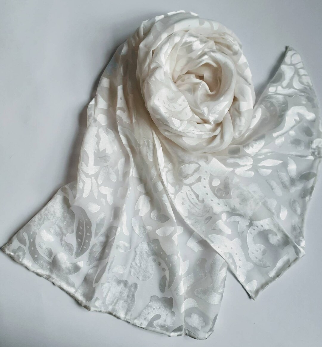 SILK SCARF Devore, Flowery or Art Nouveau, WHITE Bridal Scarves Wedding ...