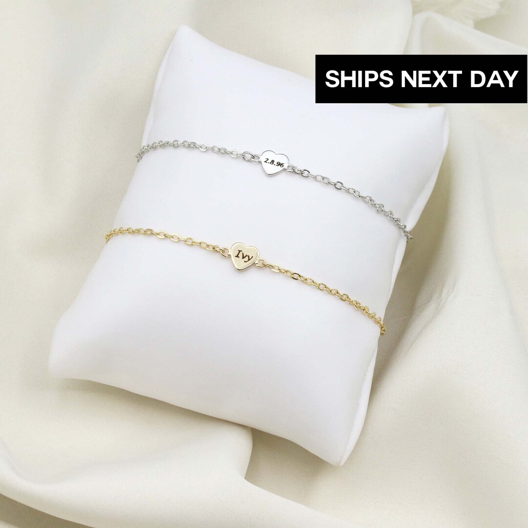 Super Tiny Personalized Heart Charm Bracelet, Engraved Bracelet, Dainty ...