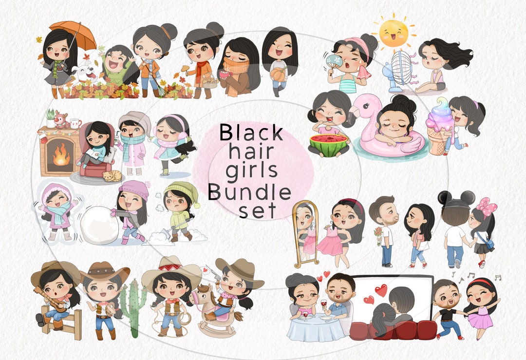Cute Girls Black Hair Clipart Bundle Set Instant Download PNG - Etsy