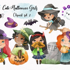 Cute Halloween Girls Clipart Set2 Instand Download PNG File 300 Dpi - Etsy