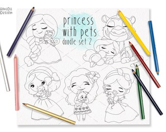 Princess With Pets Doodle Clipart Set1 Coloring Page - Etsy