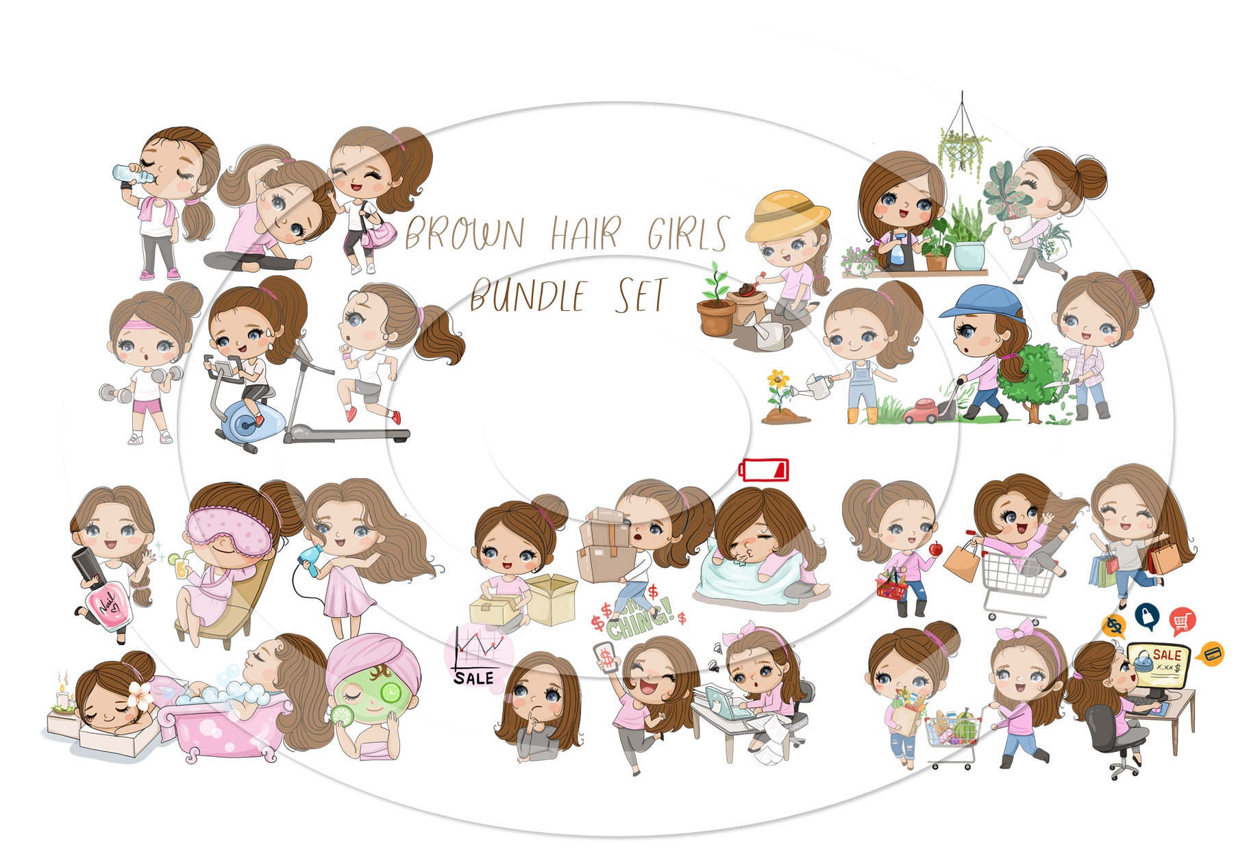 Cute Girls Brown Hair Clipart Bundle Set Instant Download Png Etsy