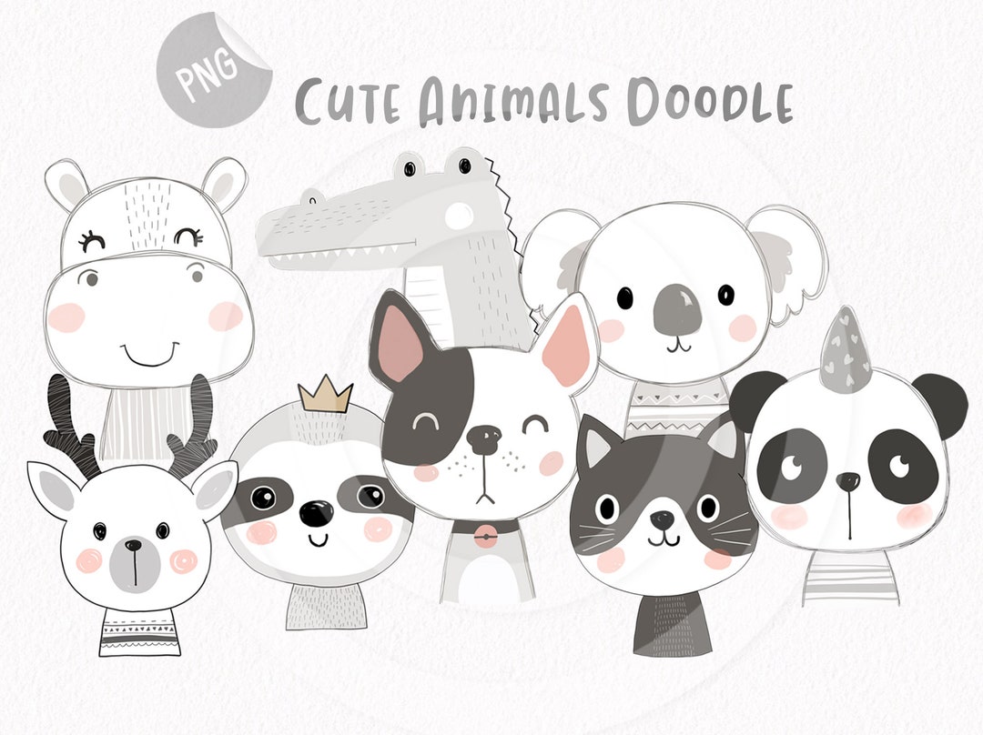 Cute Animals Doodle Face Instant Download PNG File 300 Dpi - Etsy