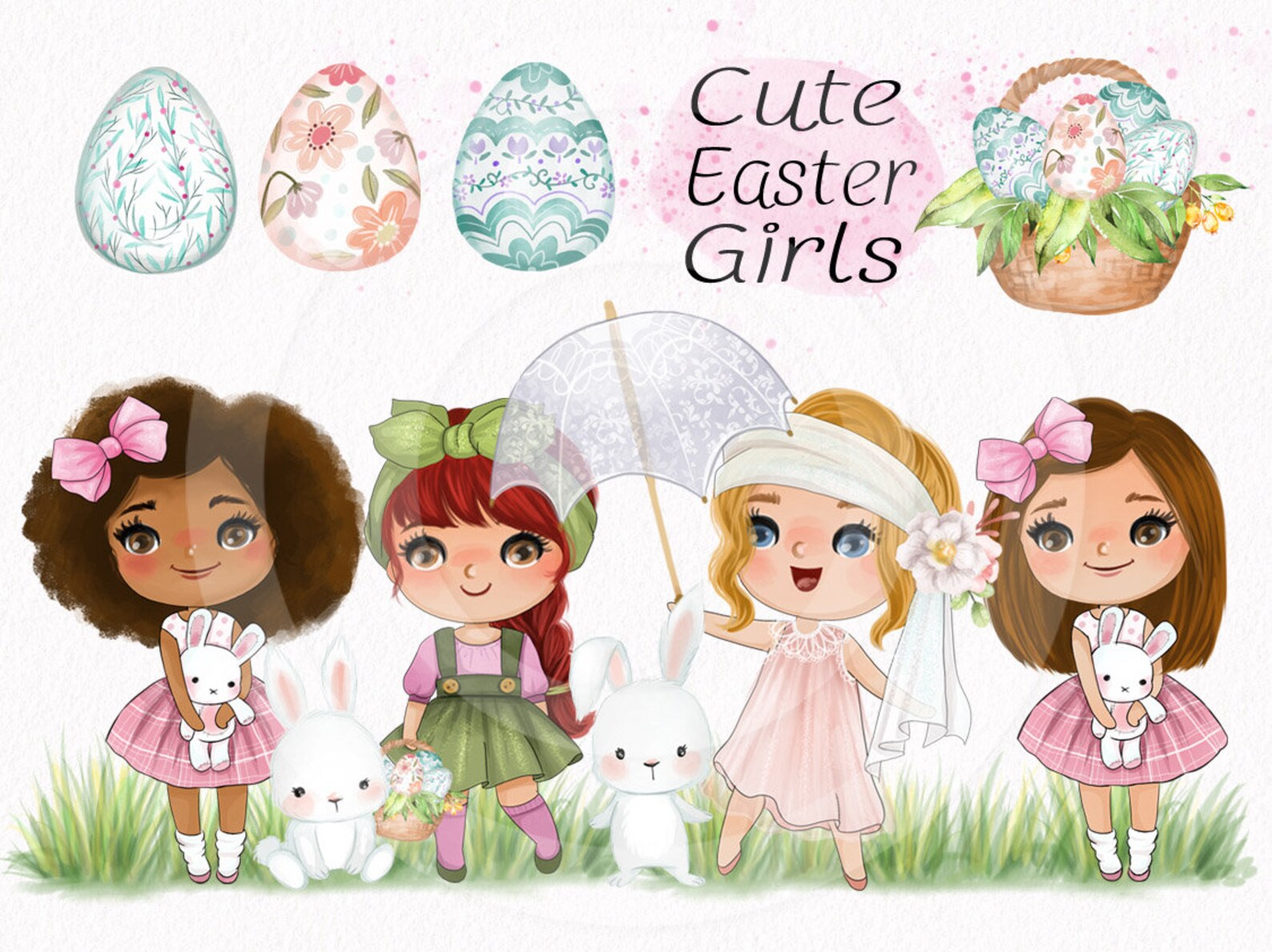 Cute Easter Girls Clipart Instant Download PNG File 300 Dpi - Etsy