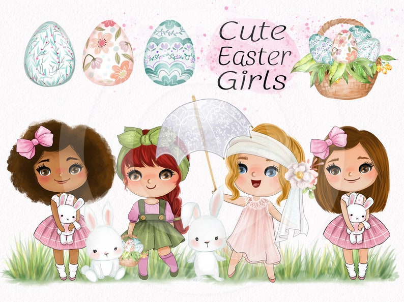 Cute Easter Girls Clipart Instant Download PNG File 300 Dpi - Etsy