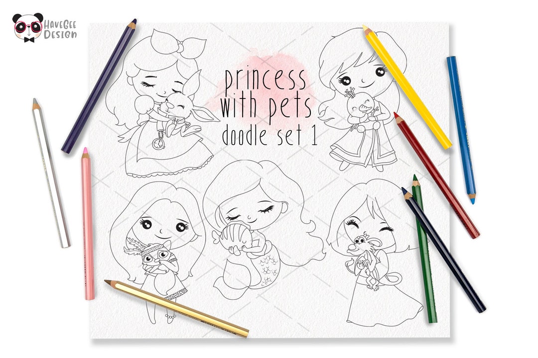 Princess With Pets Doodle Clipart Set1 Coloring Page - Etsy