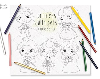 Princess With Pets Doodle Clipart Set1 Coloring Page | Etsy