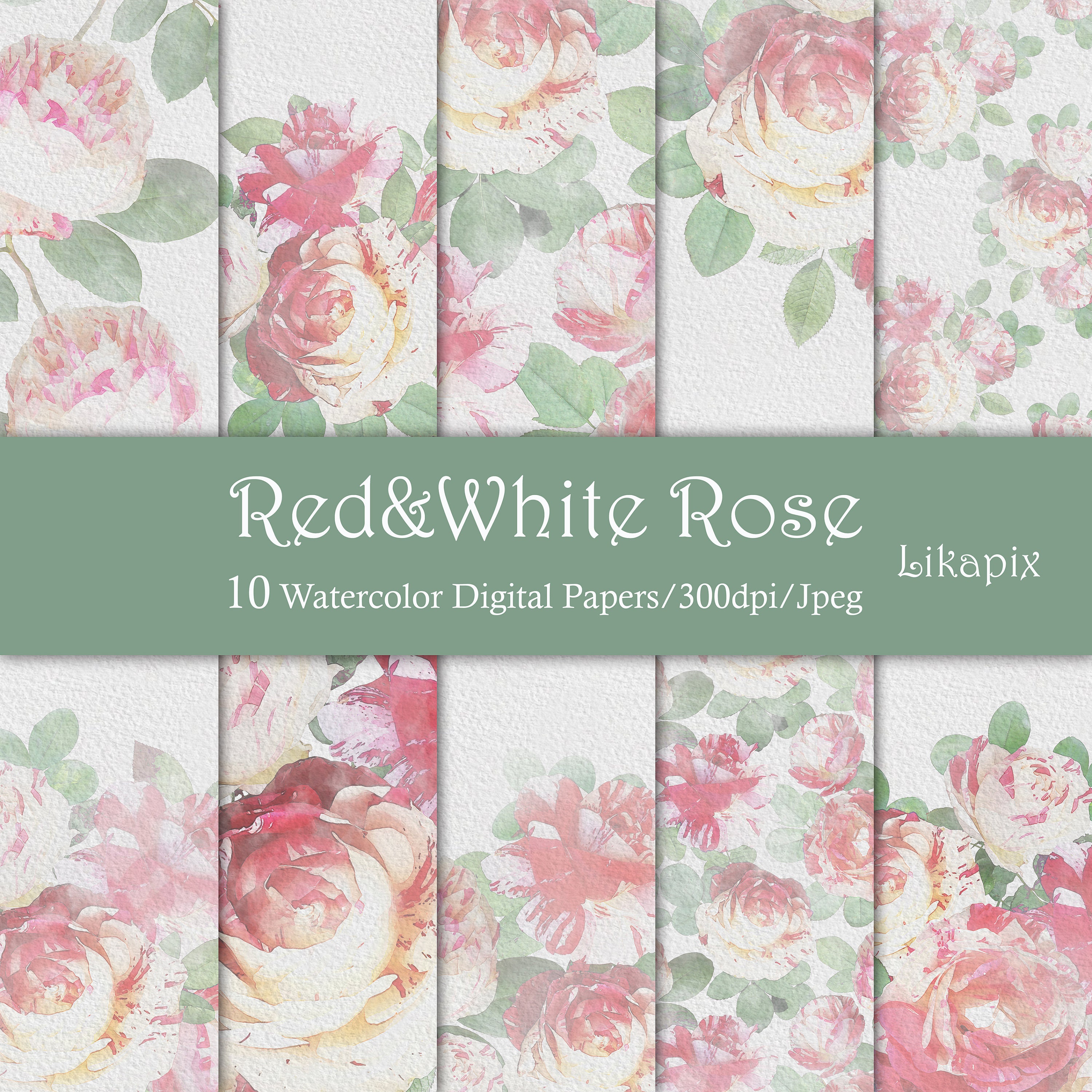 Red&white Rose Digital Papers, Watercolor Texture Floral Seamless ...