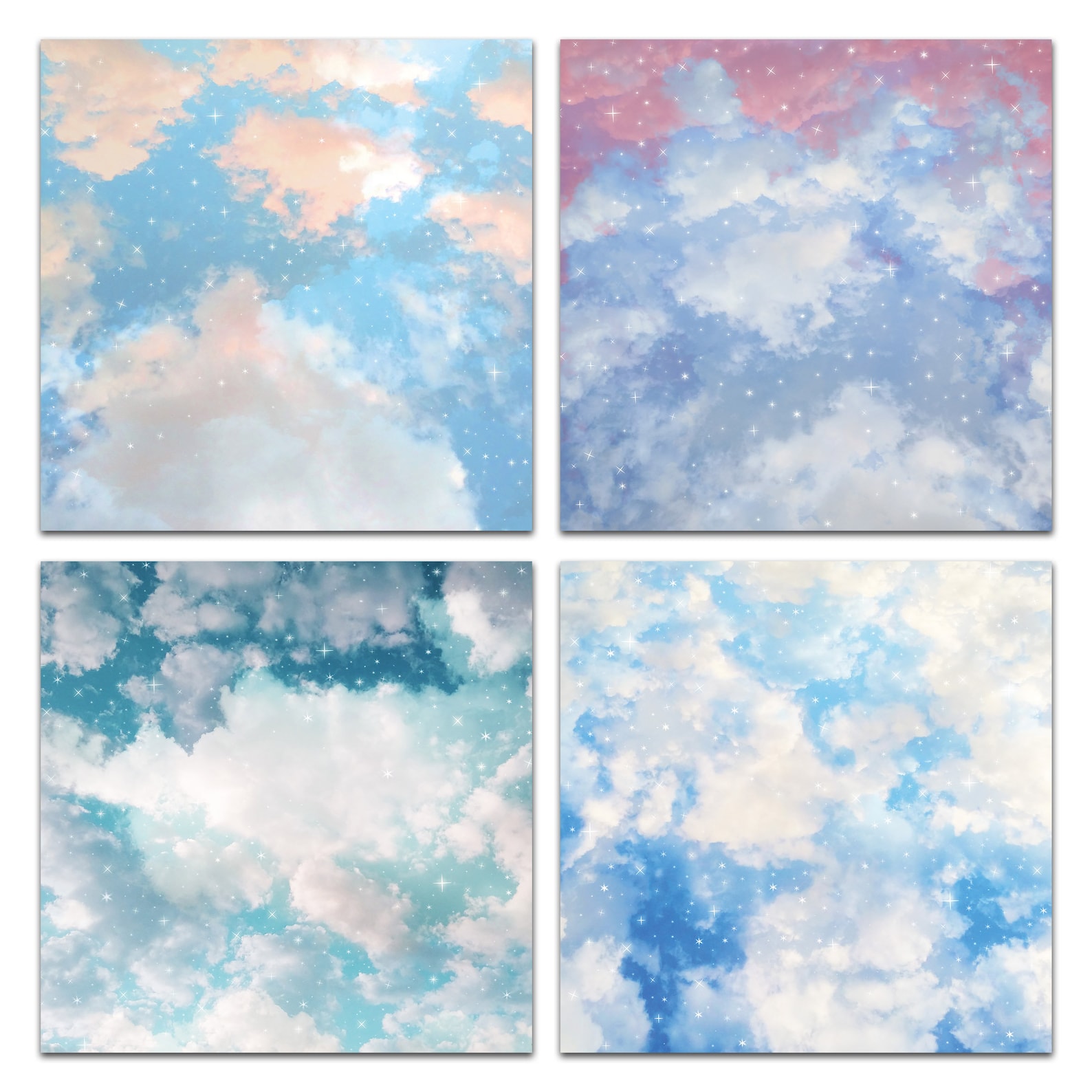 Rainbow Clouds and Stars Digital Paper Set, Pastel Sparkling Textural ...