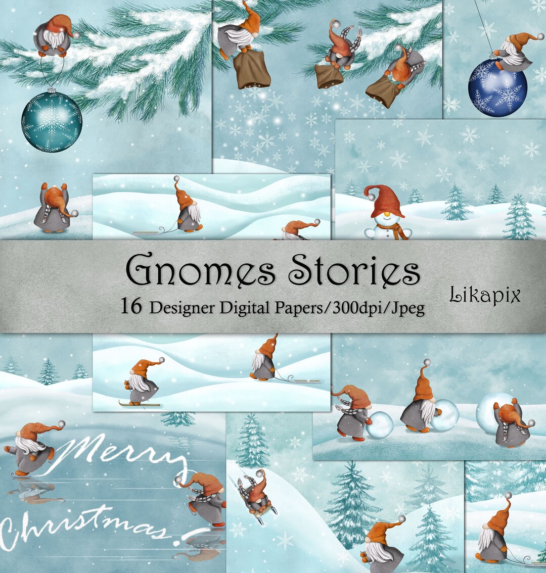 Scandinavian Gnomes Digital Paper Set, Christmas Nordic Watercolor ...