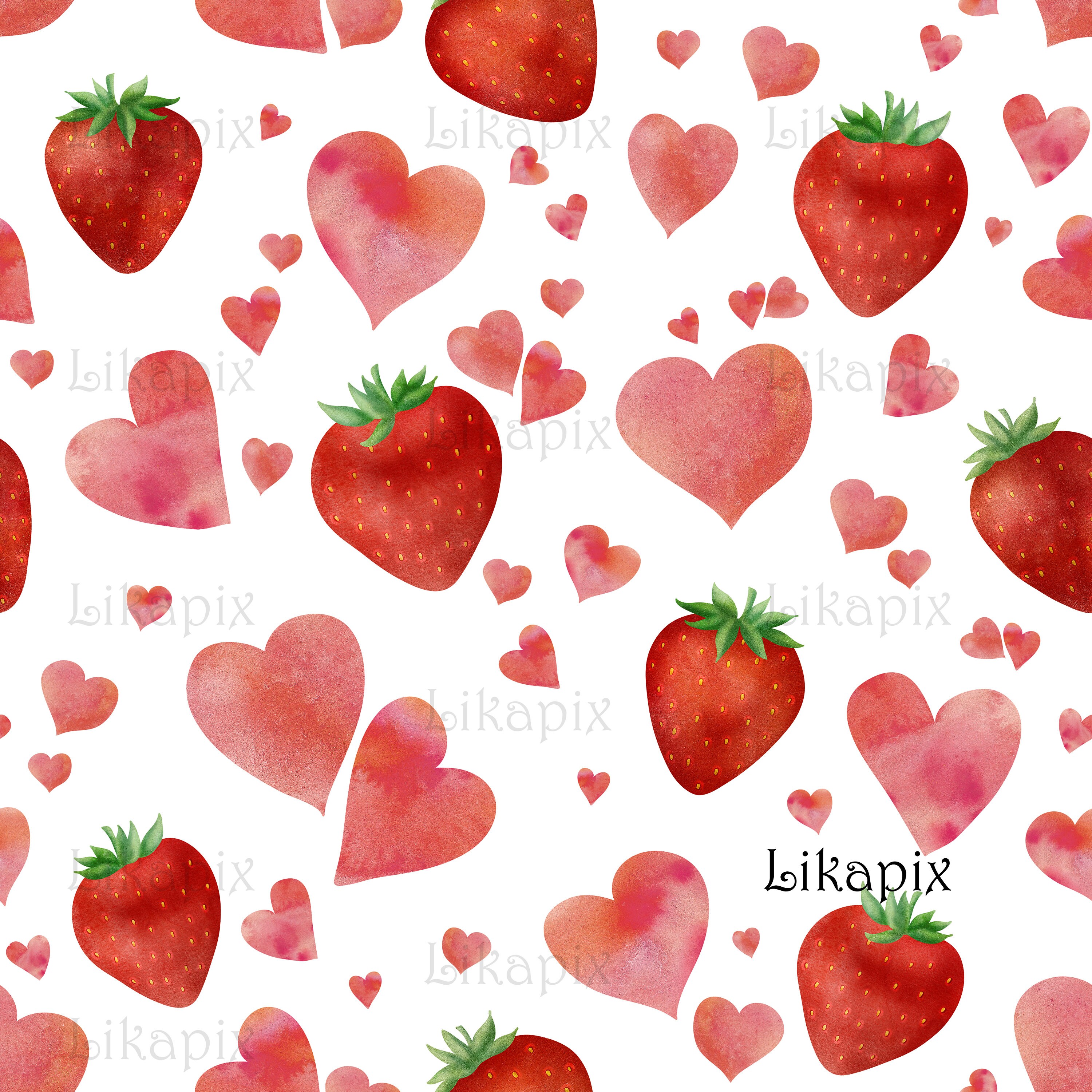 Hearts and Strawberries Watercolor Seamless Pattern Png-instant ...