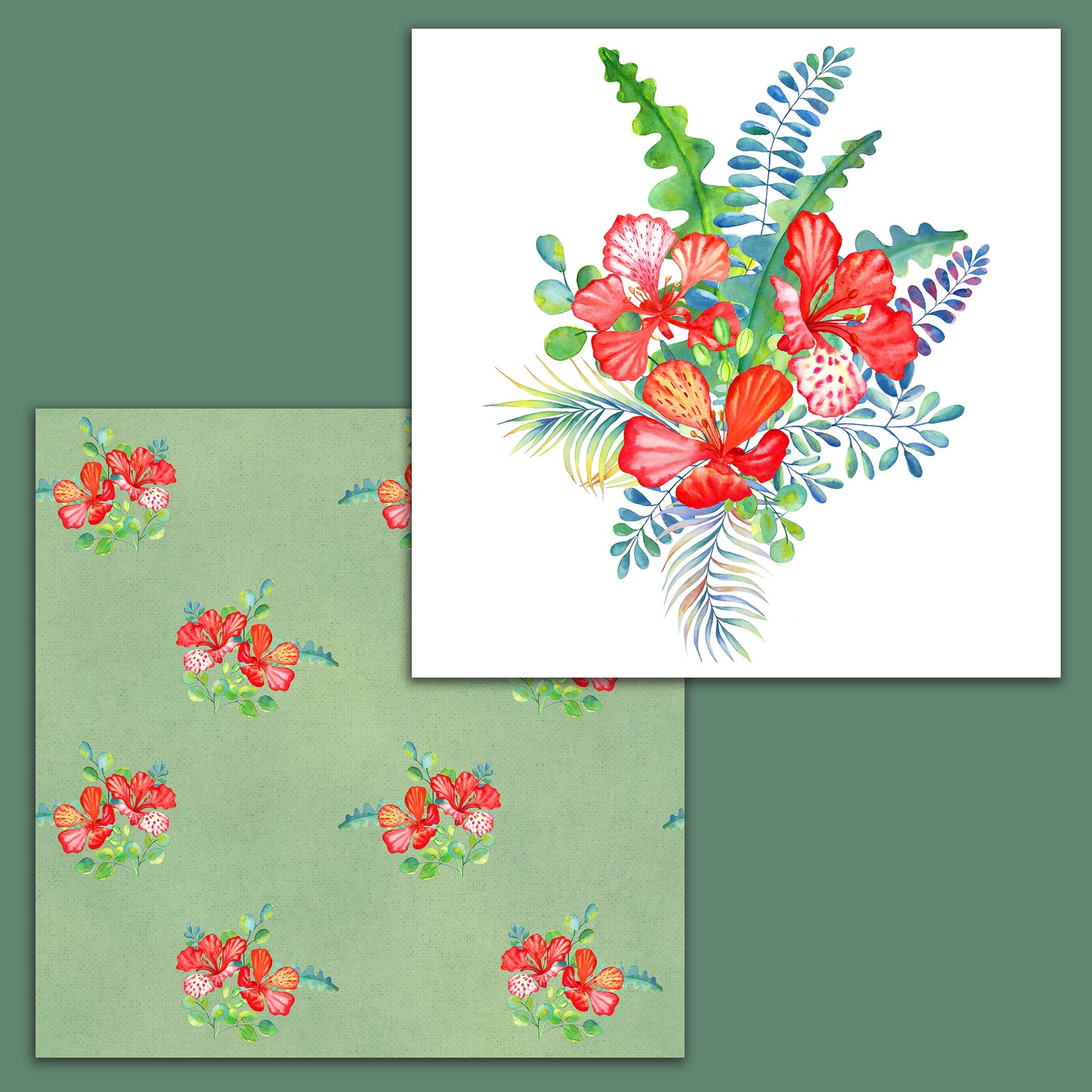 Summer Tropical Flower Scrapbook Digital Papers, Tropical Leaves ...
