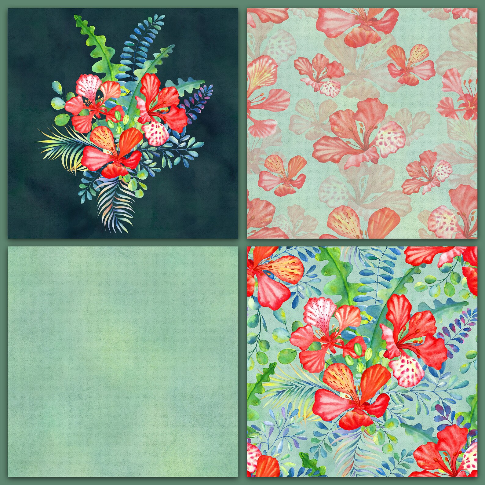 Summer Tropical Flower Scrapbook Digital Papers, Tropical Leaves ...